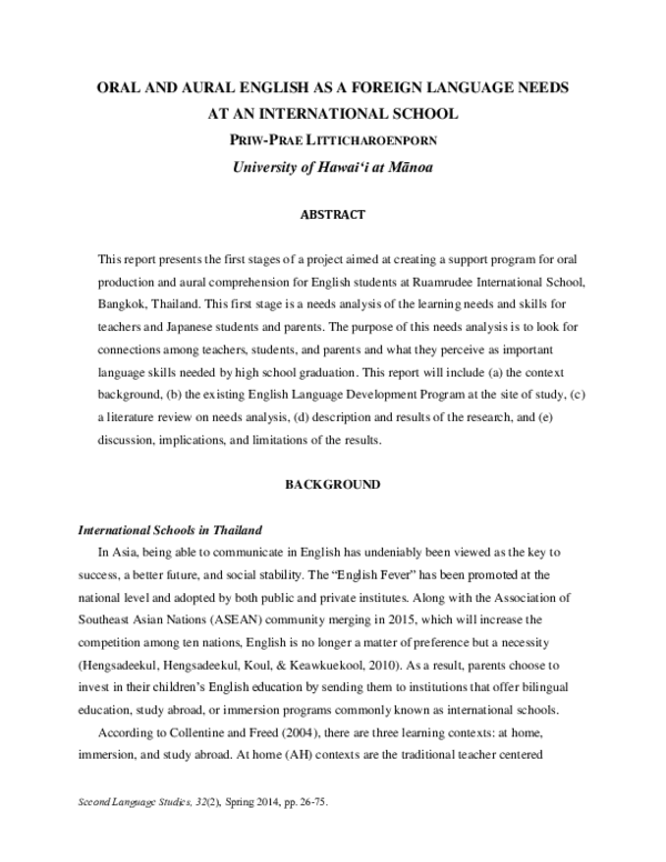 (PDF) Oral and aural English as a foreign langauge needs at an ...