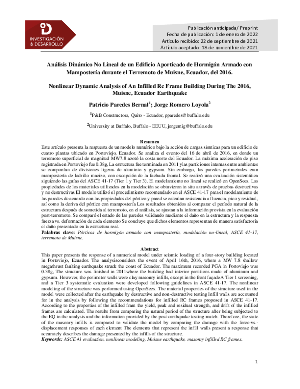 (PDF) Análisis Dinámico No Lineal de un Edificio Aporticado de Hormigón Armado con Mampostería ...