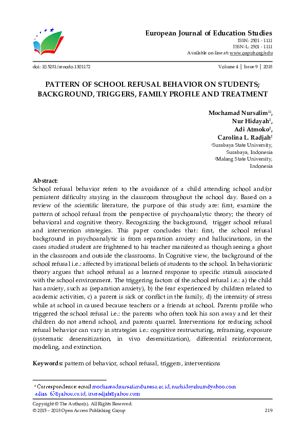 (PDF) Pattern of School Refusal Behavior on Students; Background ...