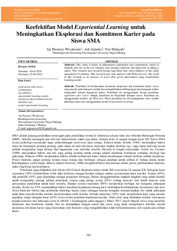 (PDF) Keefektifan Model Experiential Learning untuk Meningkatkan Eksplorasi dan Komitmen Karier ...
