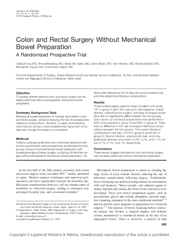 (PDF) Colon and Rectal Surgery Without Mechanical Bowel Preparation