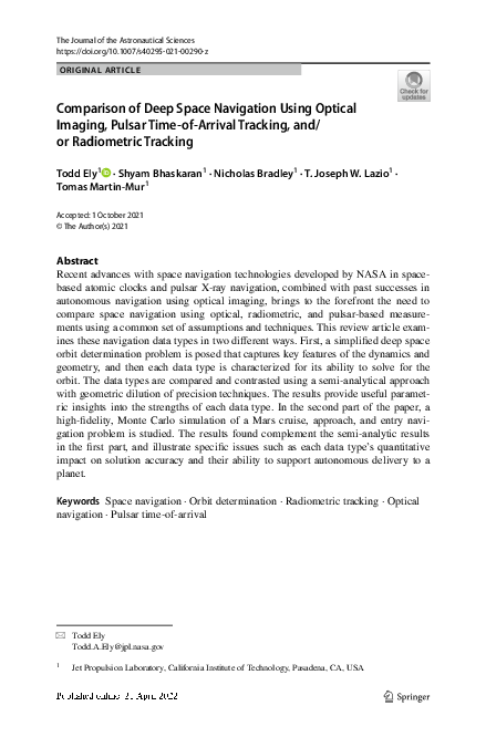 (PDF) Comparison of Deep Space Navigation Using Optical Imaging, Pulsar Time-of-Arrival Tracking ...