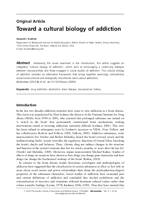 (PDF) Cultural Biology of Addiction: Integrating Neuroscience and Society