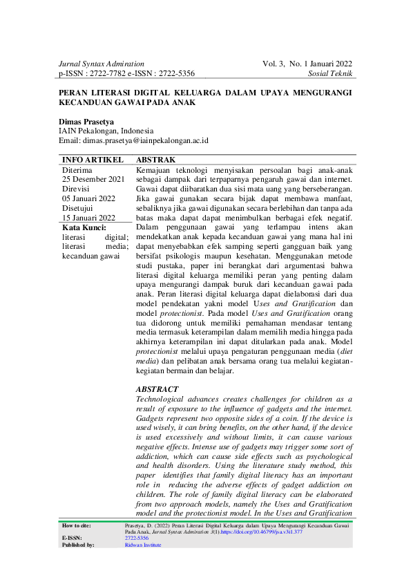 (PDF) Peran Literasi Digital Keluarga dalam Upaya Mengurangi Kecanduan Gawai Pada Anak