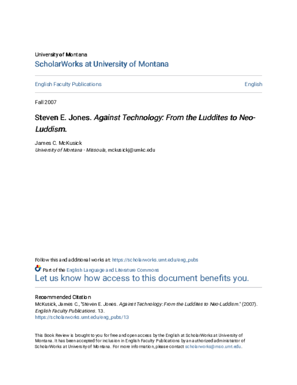 (PDF) Steven E. Jones. \u3ci\u3eAgainst Technology: From the Luddites ...
