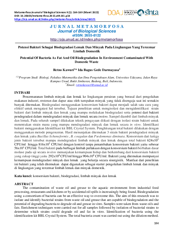 (PDF) Potensi Bakteri Sebagai Biodegradasi Lemak Dan Minyak Pada ...