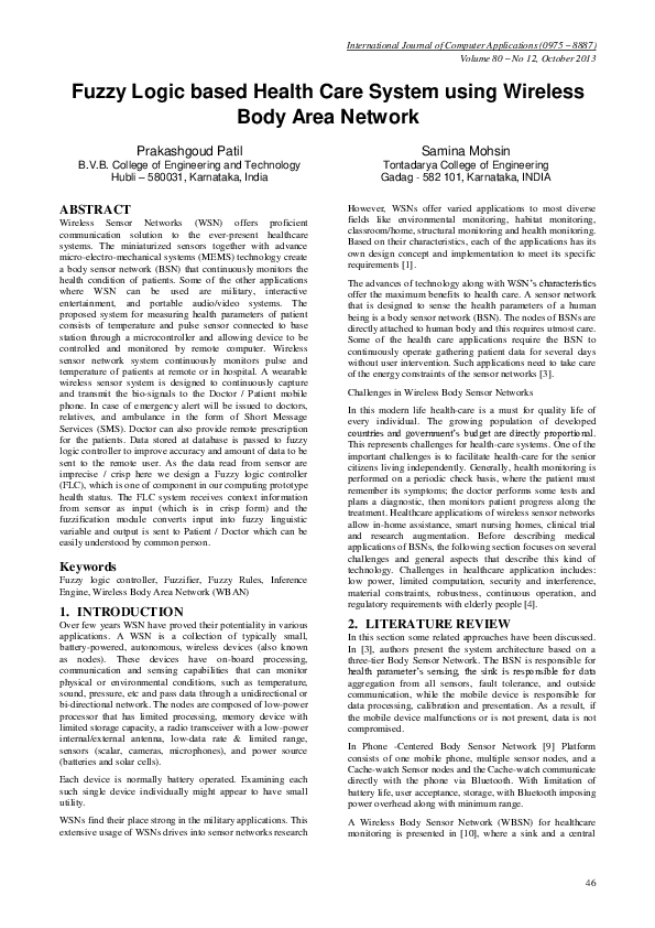 (PDF) Fuzzy Logic based Health Care System using Wireless Body Area Network