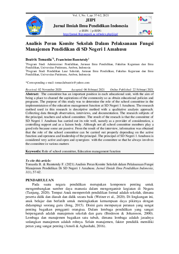 Pdf Analisis Peran Komite Sekolah Dalam Pelaksanaan Fungsi Manajemen