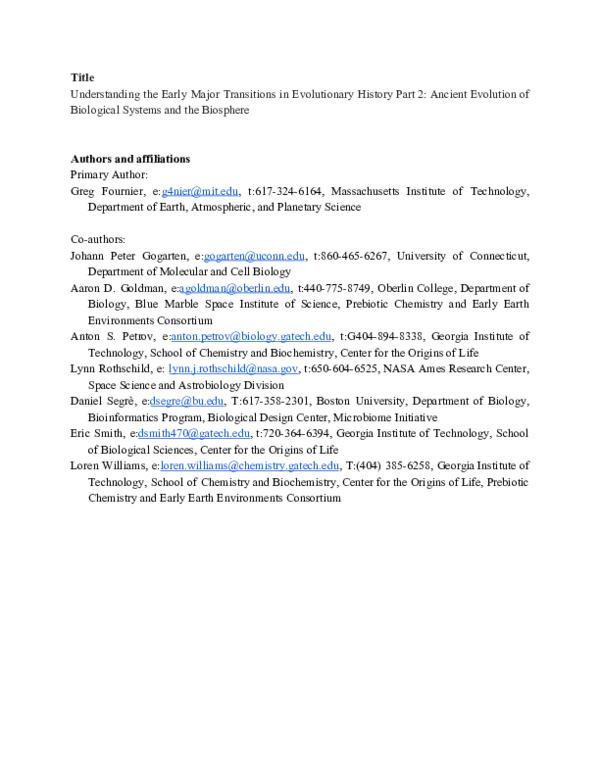 (PDF) Understanding the Early Major Transitions in Evolutionary History ...