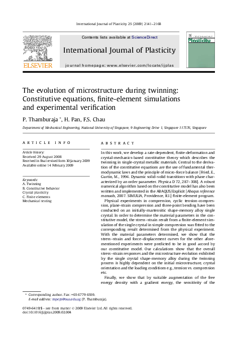 (PDF) The evolution of microstructure during twinning: Constitutive equations, finite-element ...