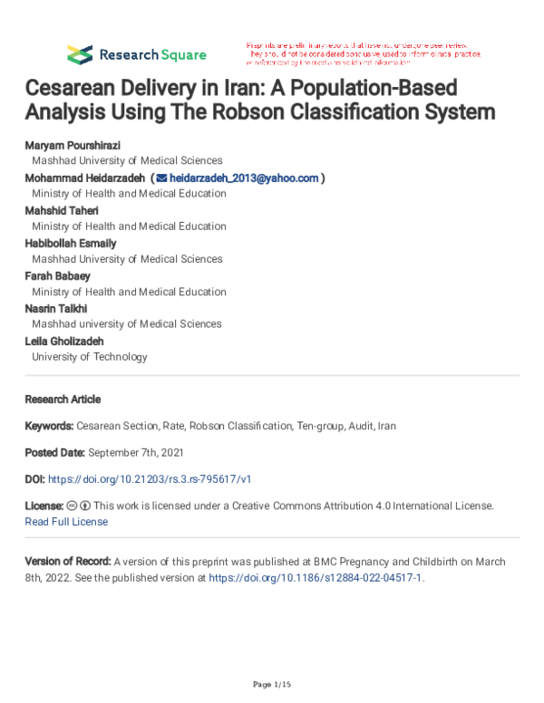 (PDF) Cesarean Delivery in Iran: A Population-Based Analysis Using The ...