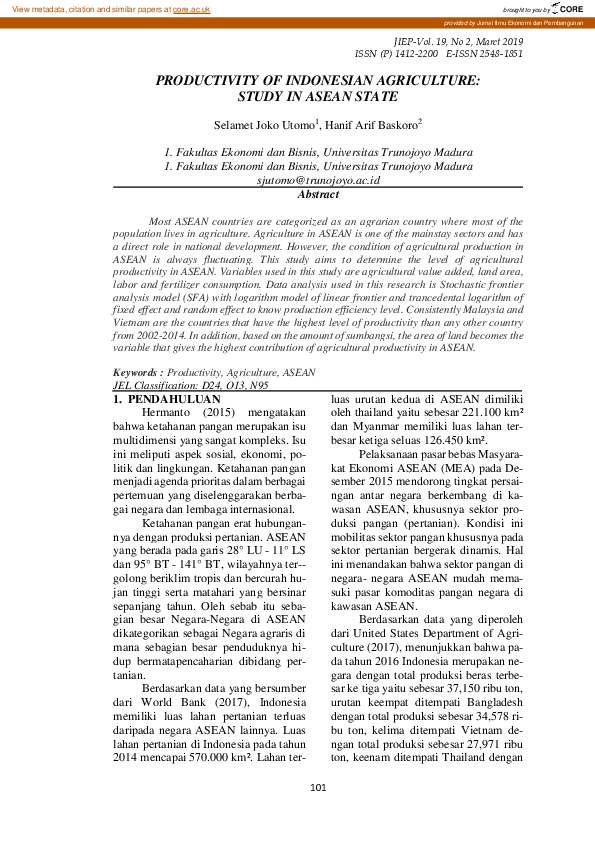 (PDF) Productivity of Indonesian Agriculture: Study in Asean
