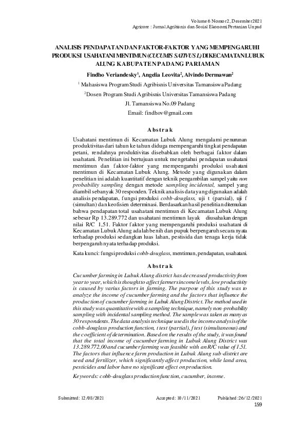 (PDF) Analisis Pendapatan Dan Faktor-Faktor Yang Mempengaruhi Produksi Usahatani Mentimun ...