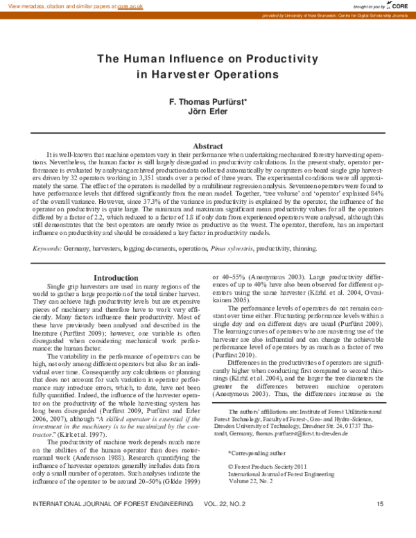 (PDF) The Human Influence on Productivity in Harvester Operations ...