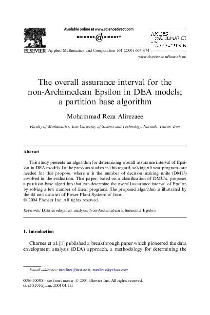 (PDF) The overall assurance interval for the non-Archimedean Epsilon in DEA models; a partition ...