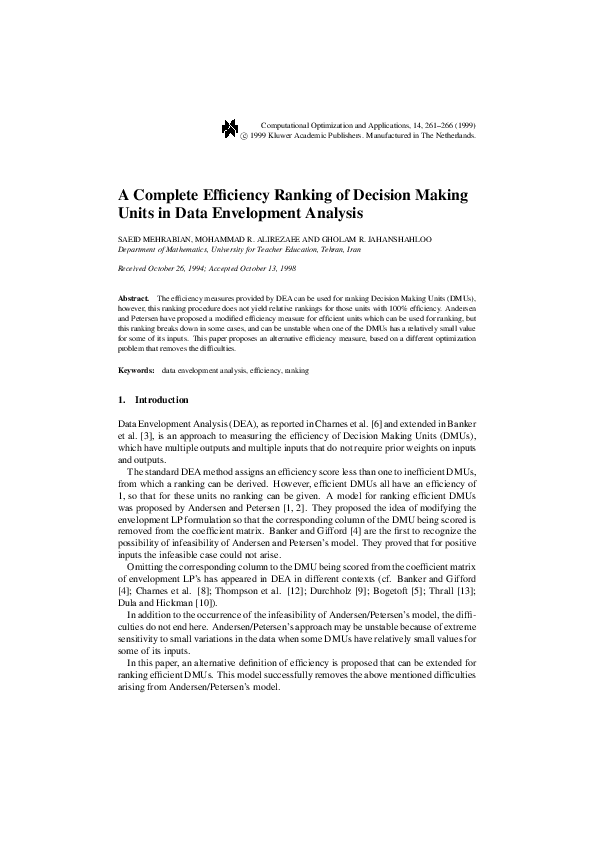 (PDF) A Complete Efficiency Ranking of Decision Making Units in Data Envelopment Analysis