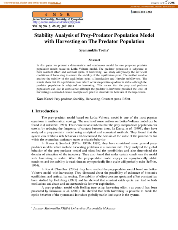 (PDF) Stability Analysis of Prey-Predator Population Model with Harvesting on The Predator ...