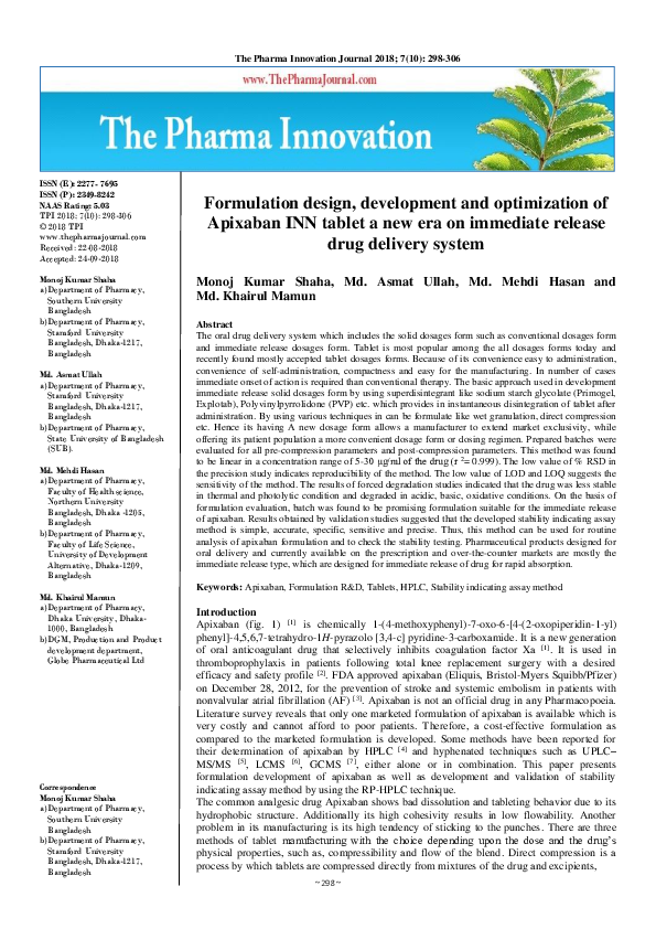 Pdf Formulation Design Development And Optimization Of Apixaban Inn Tablet A New Era On