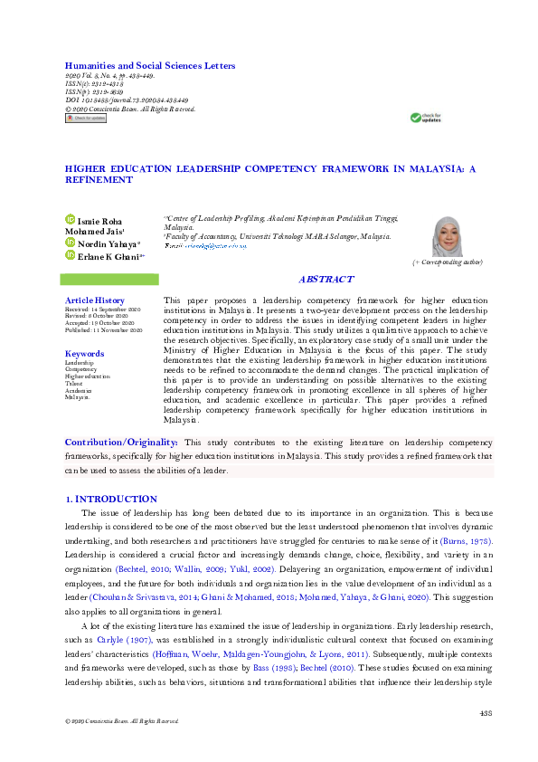 (PDF) Higher Education Leadership Competency Framework in Malaysia: A ...