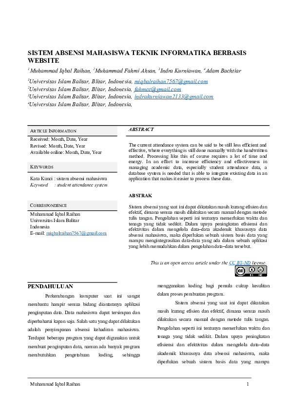 (DOC) JURNAL SISTEM ABSENSI MAHASISWA TEKNIK INFORMATIKA