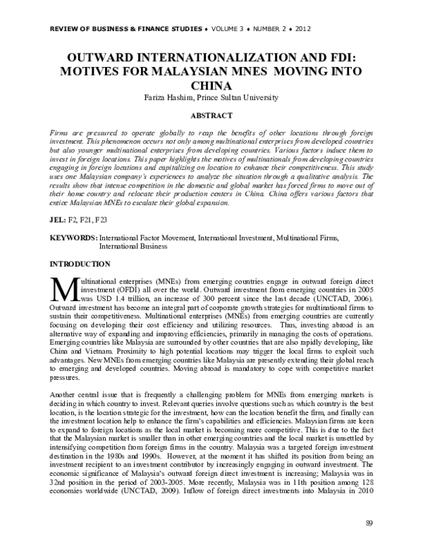 (PDF) Outward Internationalization and Fdi: Motives for Malaysian Mnes ...