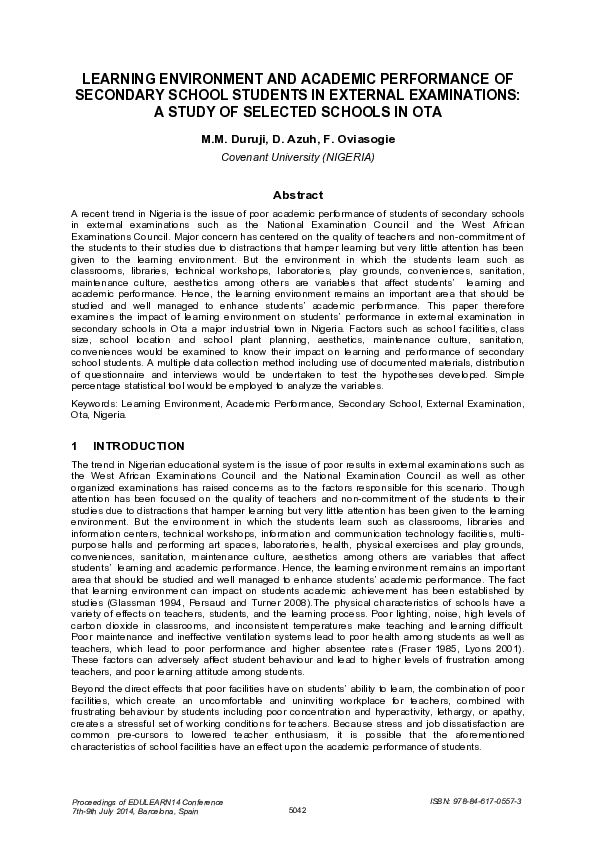 (PDF) Learning Environment and Academic Performance of Secondary School Students in External ...