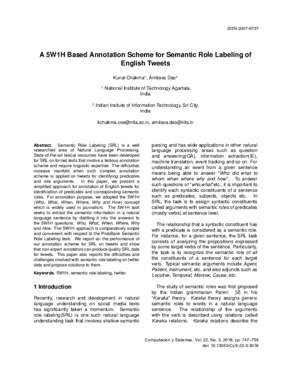 (PDF) A 5W1H Based Annotation Scheme for Semantic Role Labeling of English Tweets