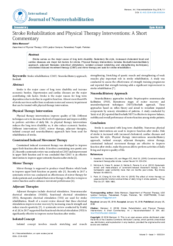 (PDF) Stroke Rehabilitation and Physical Therapy Interventions: A Short Commentary