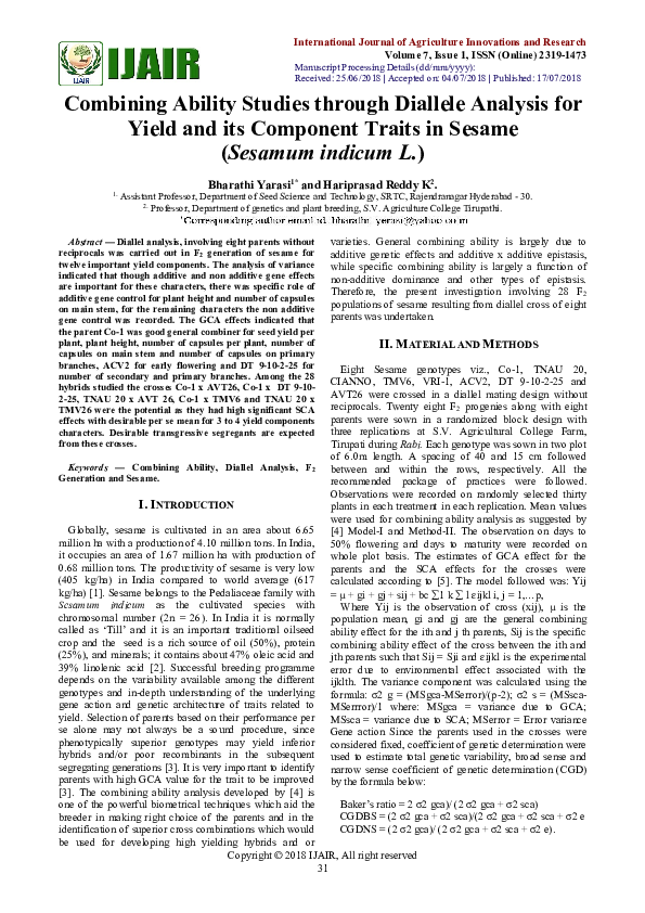 (PDF) Combining Ability Studies through Diallele Analysis for Yield and ...