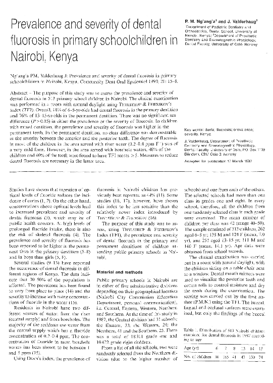 (PDF) Prevalence and severity of dental fluorosis in primary schoolchildren in Nairobi, Kenya