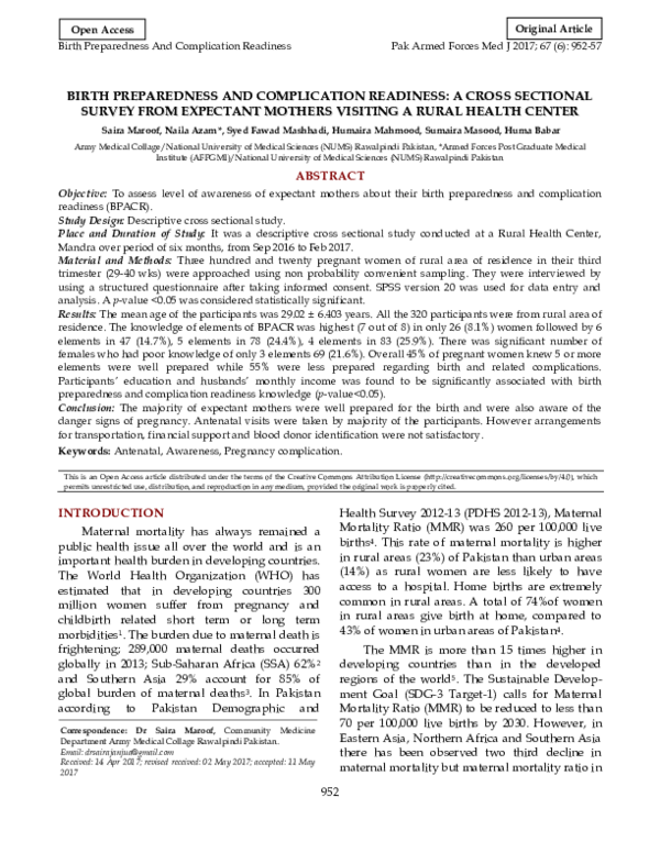 (PDF) Birth Preparedness And Complication Readiness Pak Armed Forces Med