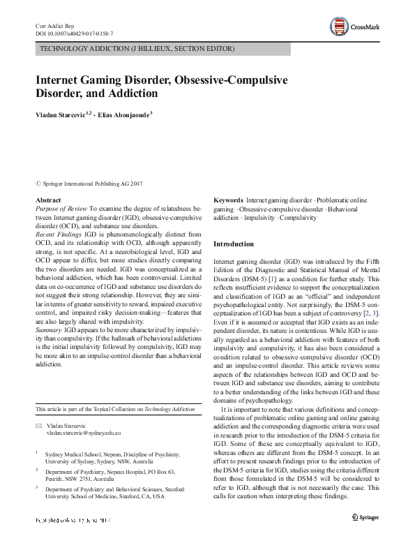 (PDF) Internet Gaming Disorder, Obsessive-Compulsive Disorder, and ...