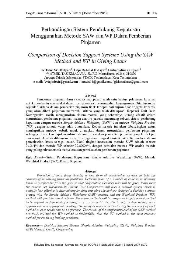 (PDF) Analisis Perbandingan Sistem Pendukung Keputusan Menggunakan Metode SAW Dengan WP Dalam ...