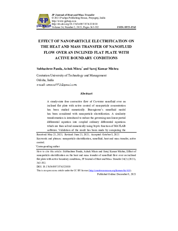 (PDF) Effect of Nanoparticle Electrification on the Heat and Mass Transfer of Nanofluid Flow ...