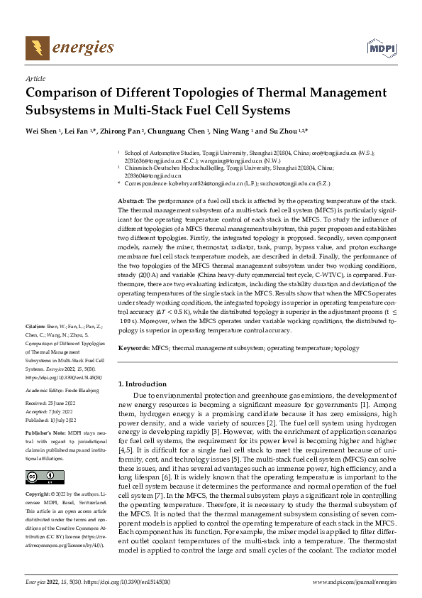 (PDF) Comparison of Different Topologies of Thermal Management Subsystems in Multi-Stack Fuel ...