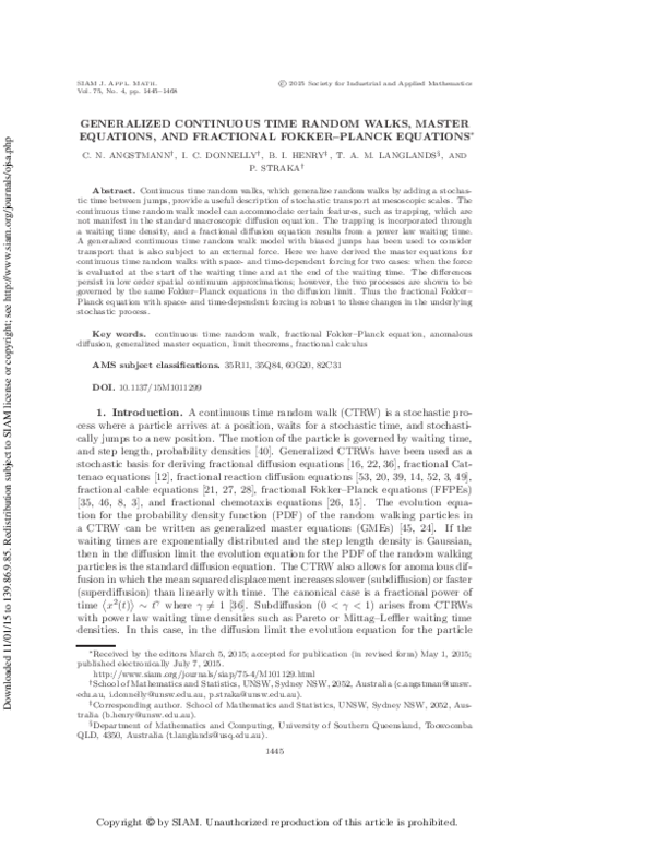 Pdf Generalized Continuous Time Random Walks Master Equations And Fractional Fokker Planck