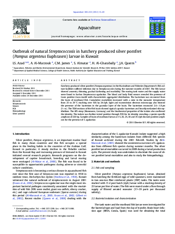 (PDF) Outbreak of natural Streptococcosis in hatchery produced silver ...