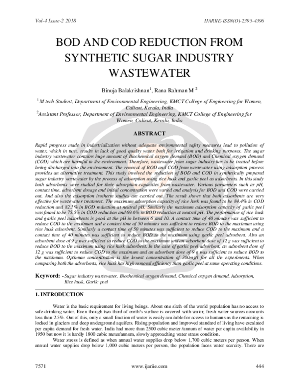 (PDF) Bod and Cod Reduction from Synthetic Sugar Industry Wastewater