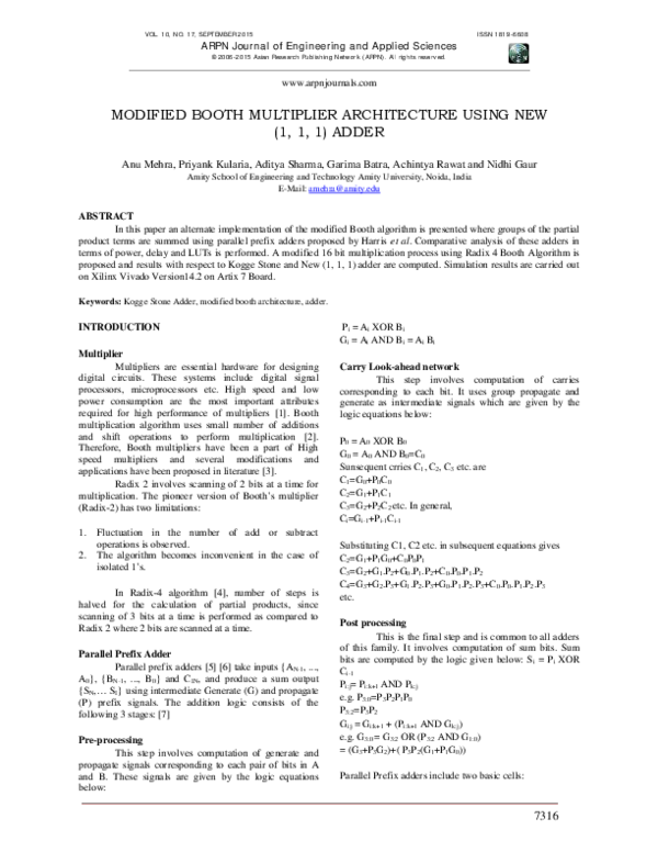 (PDF) Modified Booth Multiplier Architecture Using New ( 1 , 1 , 1 ) Adder