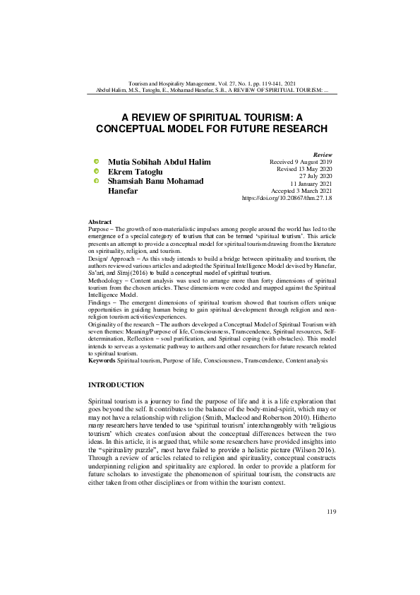 (PDF) A Review of Spiritual Tourism: A Conceptual Model for Future Research
