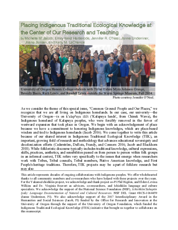 (PDF) Placing Indigenous Traditional Ecological Knowledge at the Center ...