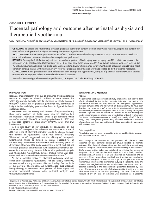 (PDF) Placental pathology and outcome after perinatal asphyxia and therapeutic hypothermia