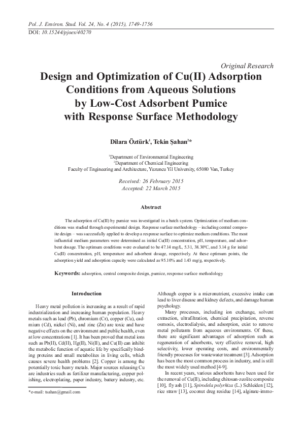 (PDF) Design and Optimization of Cu(II) Adsorption Conditions from Aqueous Solutions by Low-Cost ...