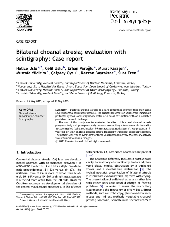 (PDF) Bilateral choanal atresia; evaluation with scintigraphy: Case report