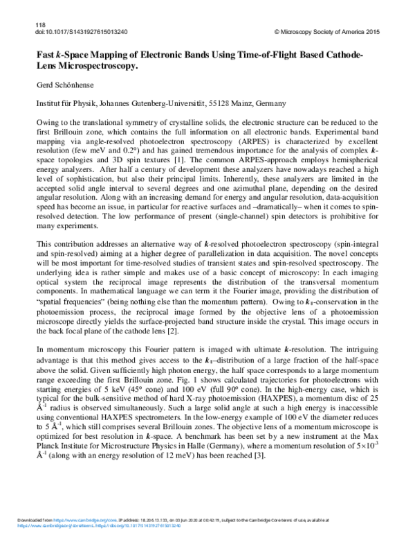 (PDF) Fast k-Space Mapping of Electronic Bands Using Time-of-Flight Based Cathode-Lens ...