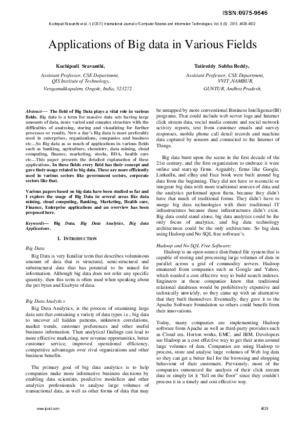 (PDF) Applications of Big data in Various Fields