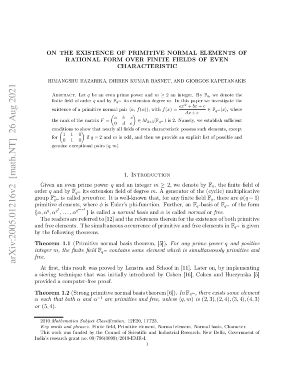 (PDF) On existence of primitive normal elements of rational form over finite fields of even ...