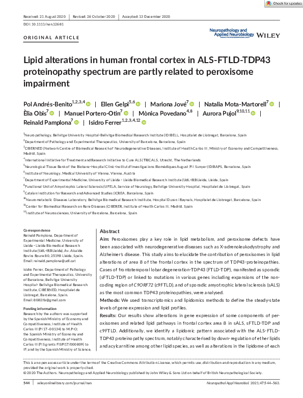 (PDF) Lipid alterations in human frontal cortex in ALS‐FTLD‐TDP43 ...