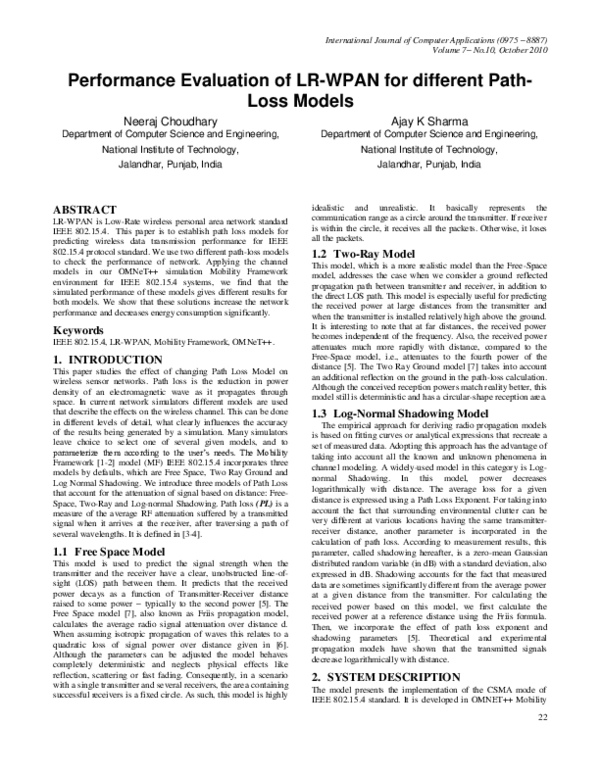 (PDF) Performance Evaluation of LR-WPAN for different Path-Loss Models
