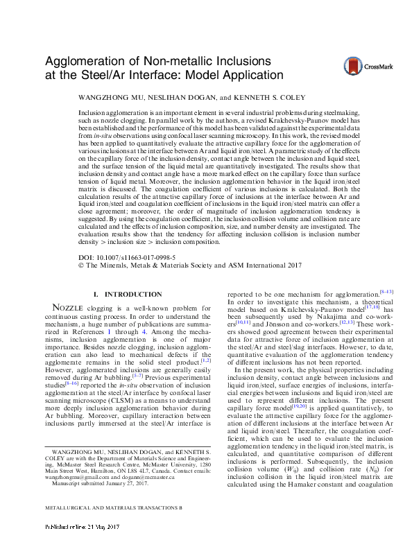(PDF) Agglomeration of Non-metallic Inclusions at Steel/Ar Interface ...